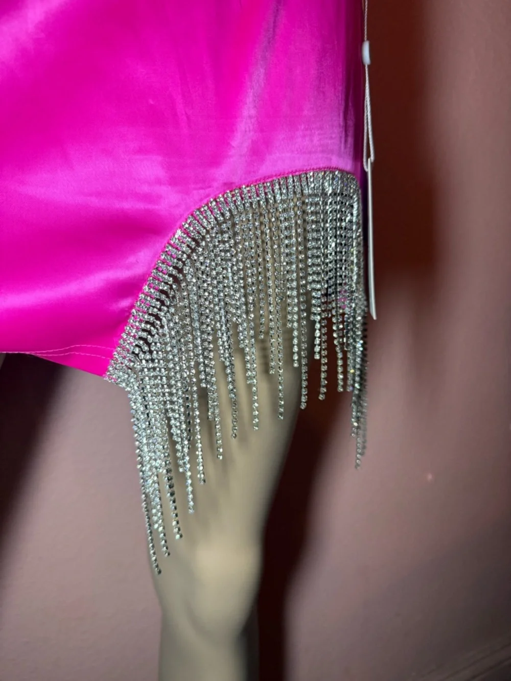 Skirts | Hot Pink Satin Rhinestone Fringe Mini Skirt Festivalraveparty ...